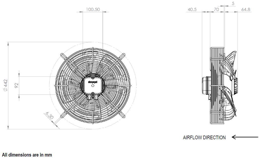 Axial Fan 350mm - 1PH 4 Pole w/ SS Guard (Induced) Plastic Blade - Airefrig